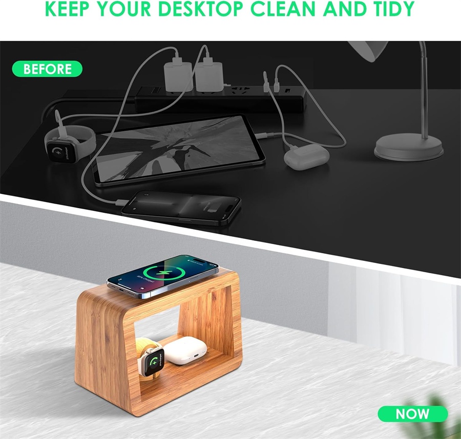 3-in-1 Magsafe Bamboo Wireless Charging Station
